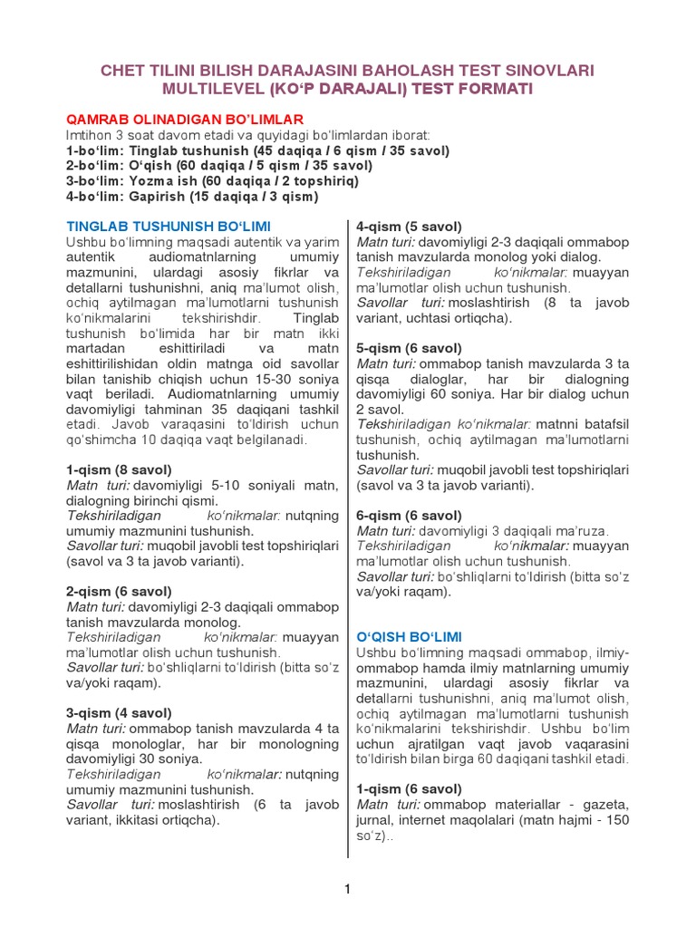 Chet Tilini Bilish Darajasini Baholash Test Sinovlari Multilevel | PDF