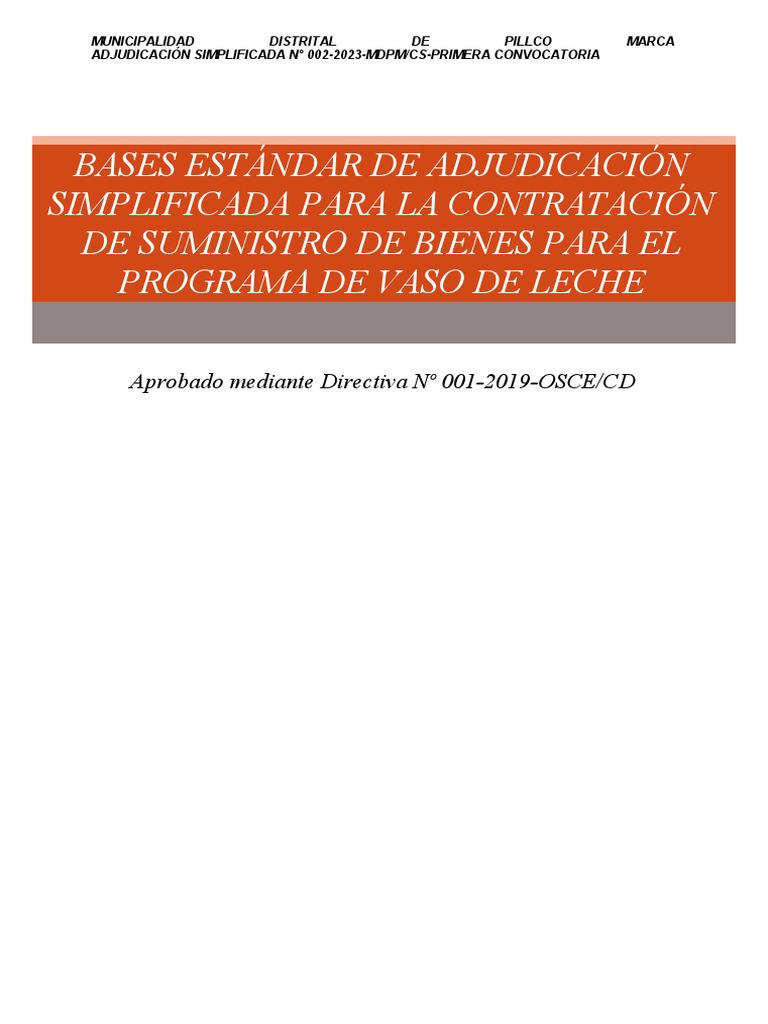 Bases Estándar de Adjudicación Simplificada para La Contratación de Suministro de Bienes para El ...