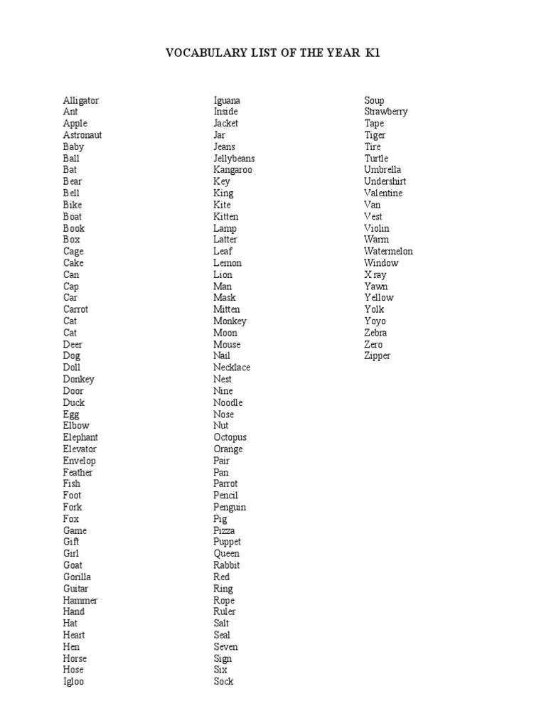 Kindergarten Vocabulary Word List | PDF