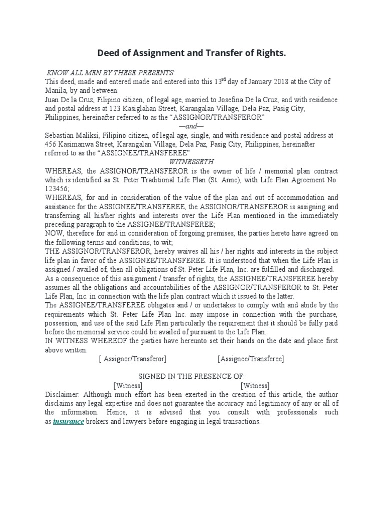 Deed of Assignment and Transfer of Rights | PDF | Assignment (Law ...