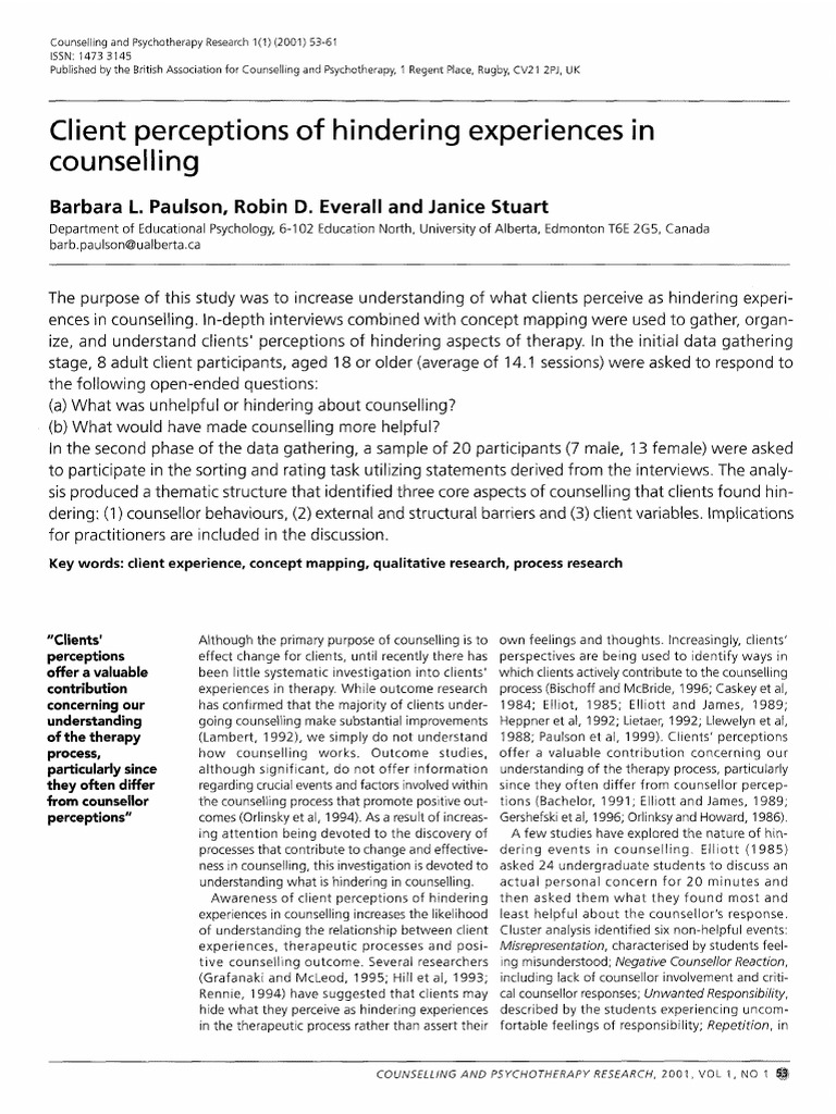 Client Perceptions of Hindering Experiences in Counselling | PDF ...