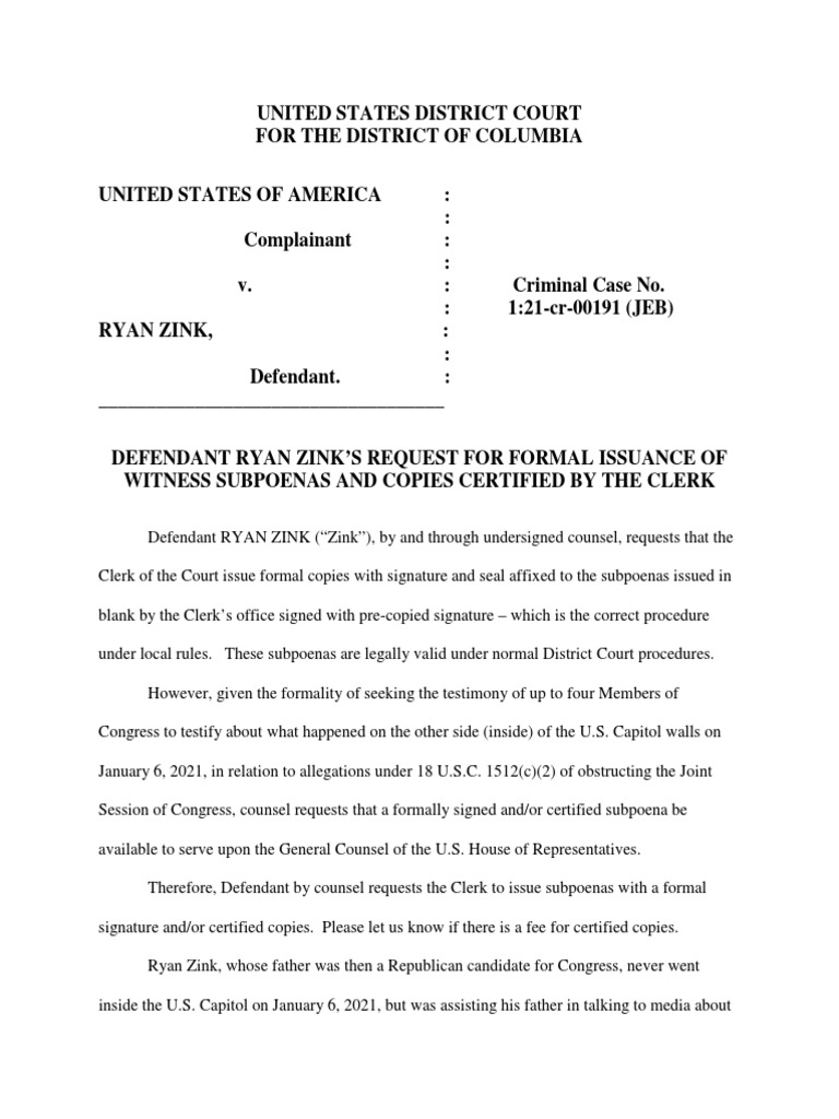 Zink's Subpoena Request on January 6 Events | PDF | United States ...