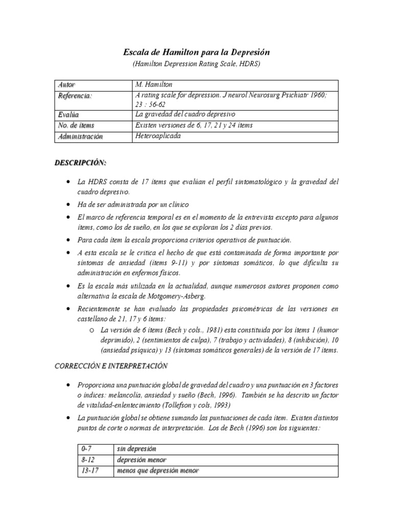Escala de Hamilton para La Depresión FICHA | PDF | Depresión (estado de ...