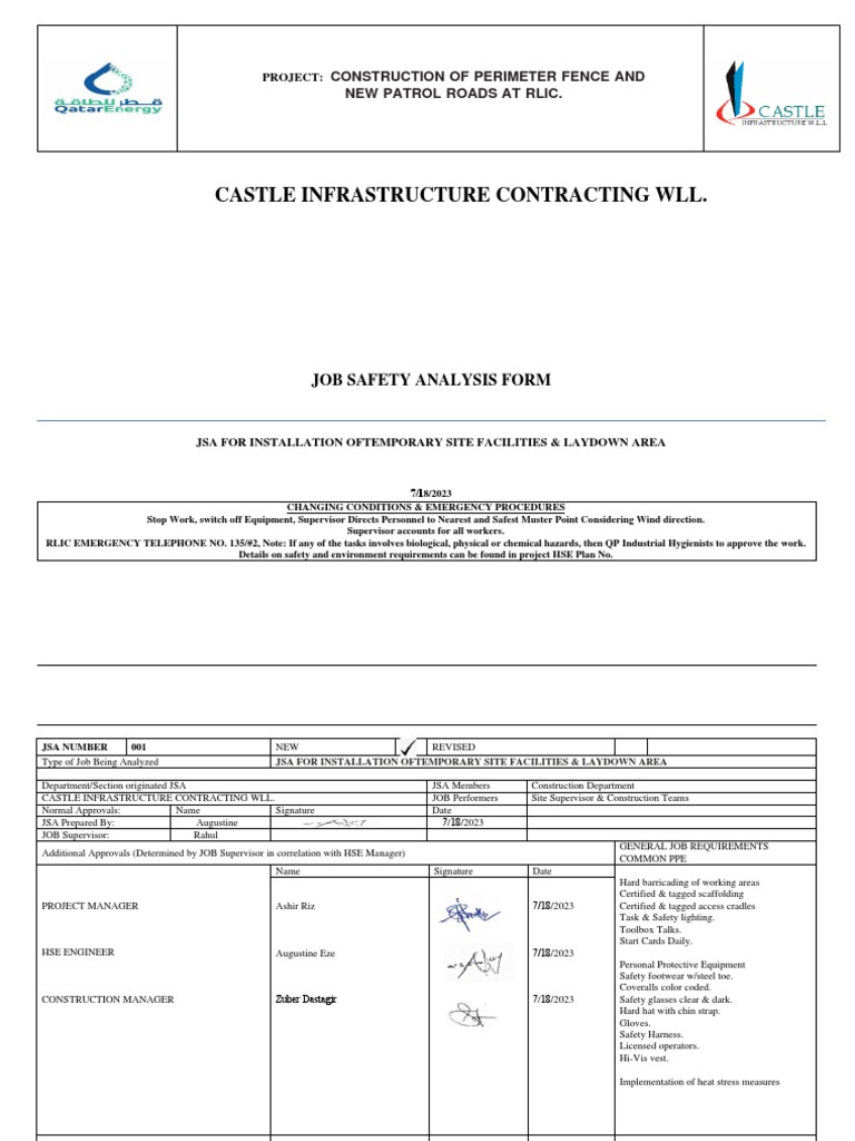 Jsa For Inst. of TSF & Laydown Area | PDF | Personal Protective Equipment | Traffic