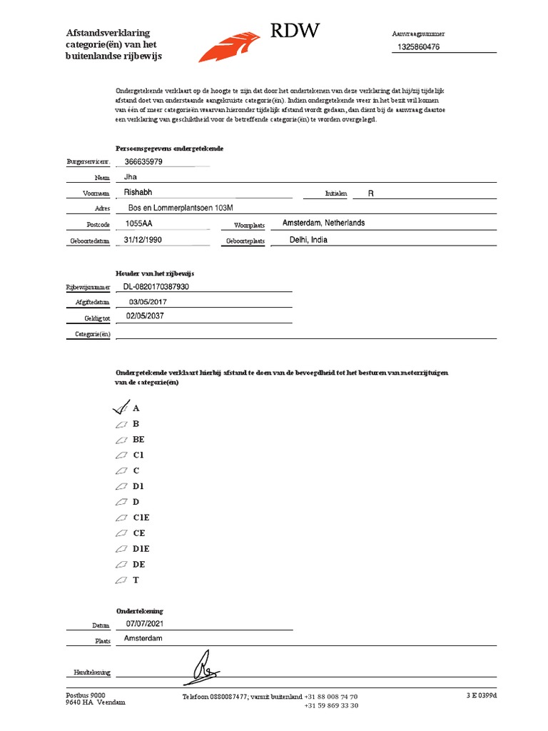 3 E 0399c Afstandsverklaring Categorieen Van Het Buitenlandse Rijbewijs ...