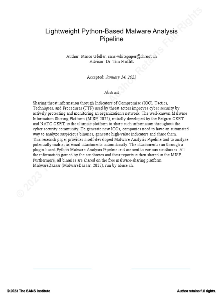 SANS Lightweight Python Based Malware Analysis Pipeline | PDF | Malware | Spamming