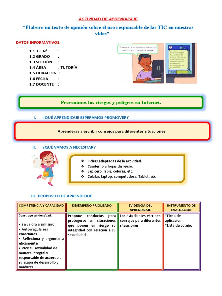 DIA 4 SESION DE APRENDIZAJE Prevenimos Los Riesgos y Peligros en Internet. | PDF | Acoso ...