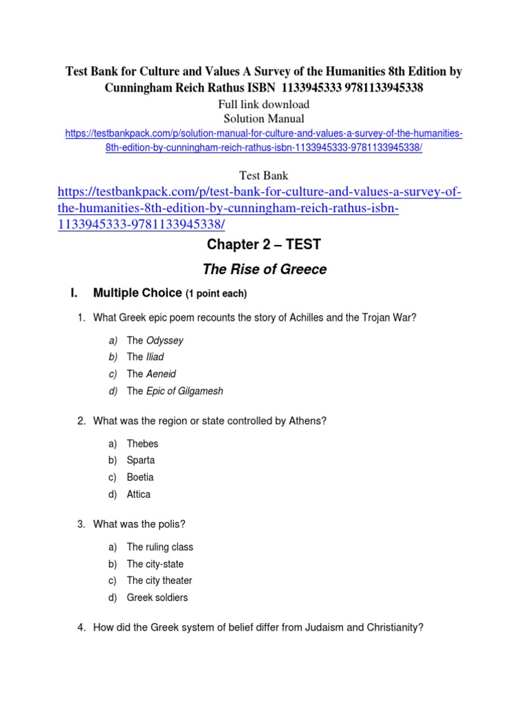 Culture and Values A Survey of The Humanities 8th Edition by Cunningham ...