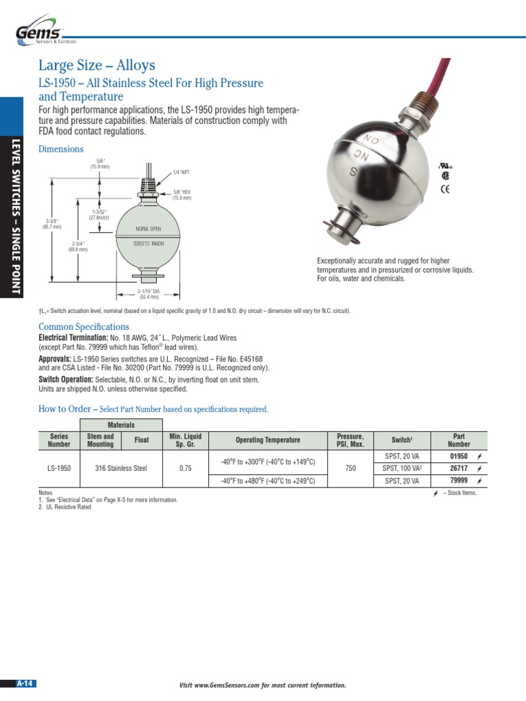 Ficha Tecnica Sensor Gems 1950 | PDF | Switch | Physical Sciences