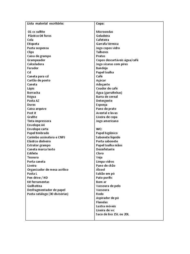 Lista Completa de Materiais de Escritório | PDF