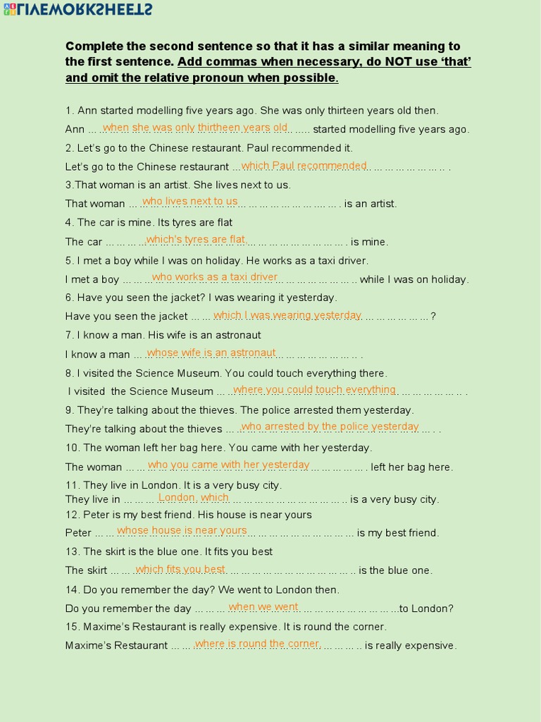 Relative Clauses-Exercises | PDF | Linguistics | Grammar Relative Clauses-Exercises | PDF | Linguistics | Grammar