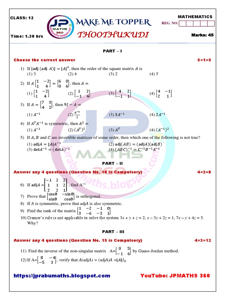 12th Maths Chapter 1 Question Paper JPRABU MATHS | Download Free PDF | System Of Linear ...
