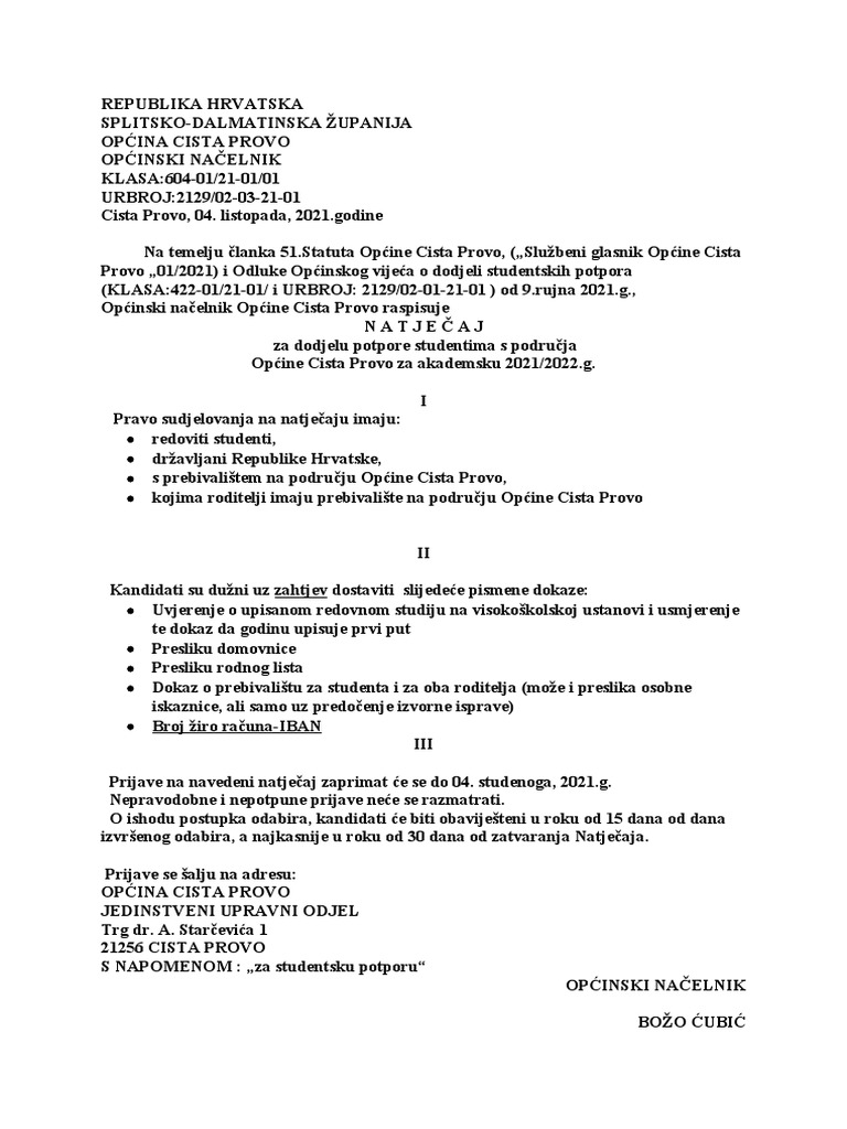 Natjecaj Za Studentske Potpore U 2021 2022 | PDF