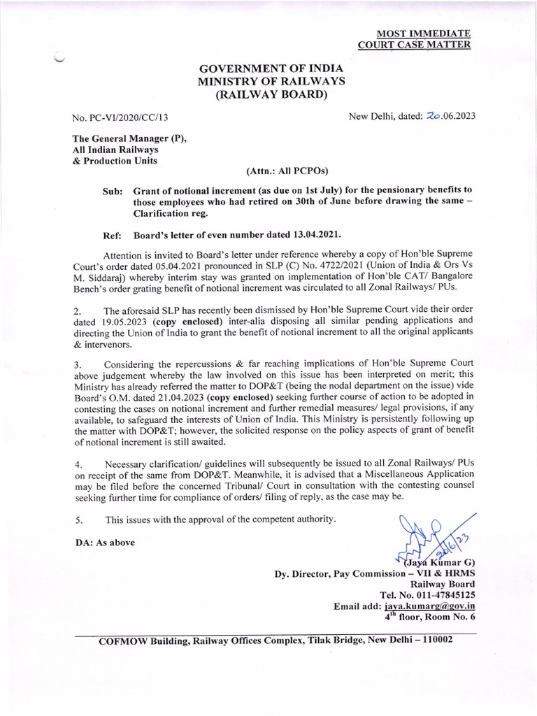 Rly BD Letter DTD 20 Jun 2023 To All Zonal Rlys Reg Notional Increment ...