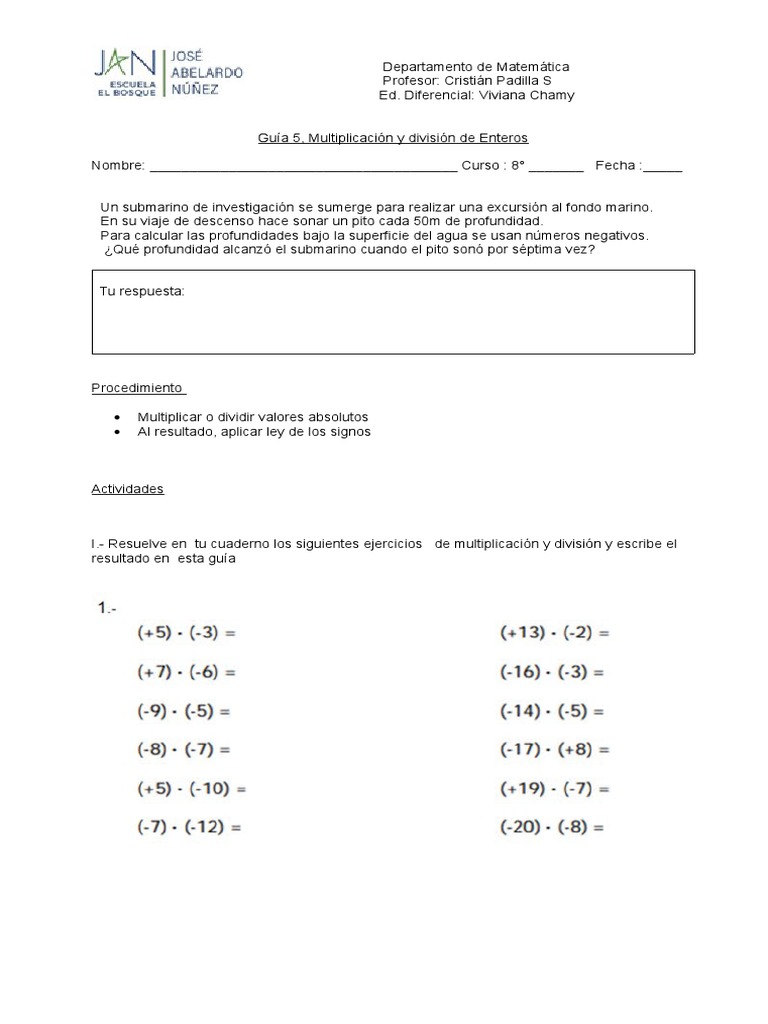 Guia 6, Multiplicacón y División de Enteros | PDF