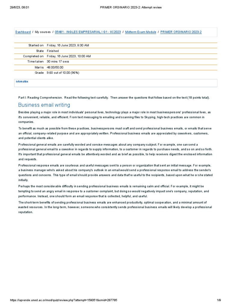 Business Email Writing Exam Review | PDF | Communication | Videotelephony