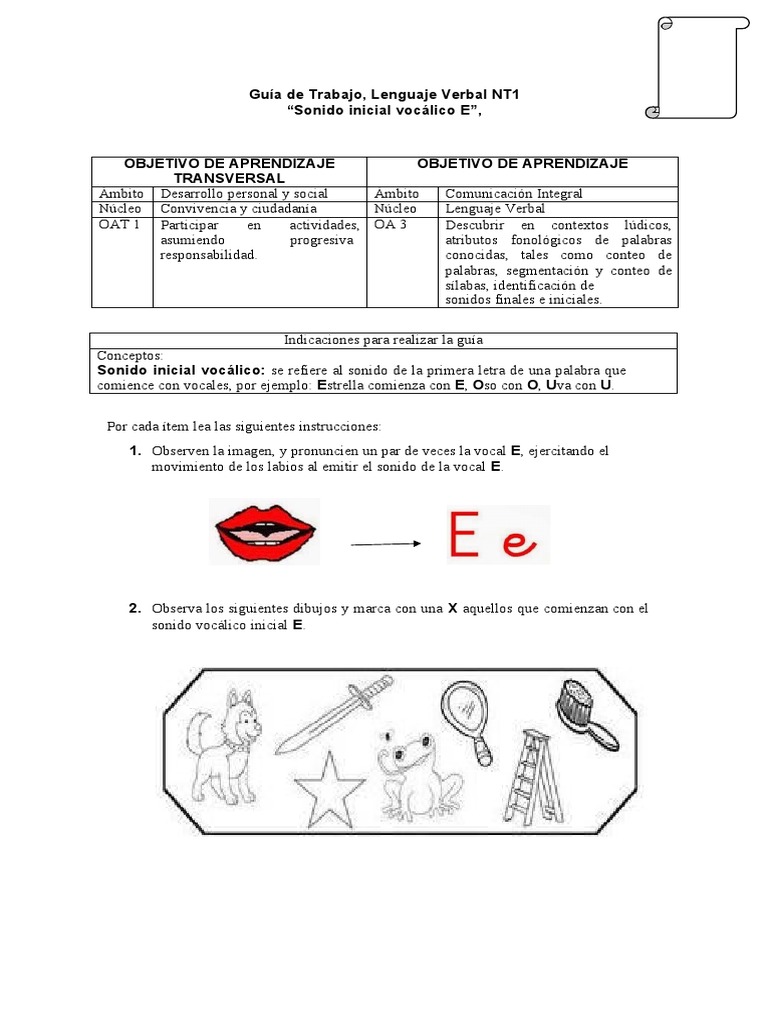 Sonido Inicial Vocal E en Actividades | PDF