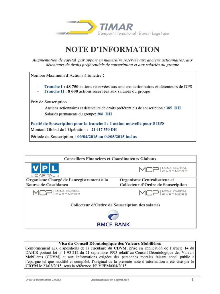 (Note D'information) Timar | PDF | Audit financier | Audit