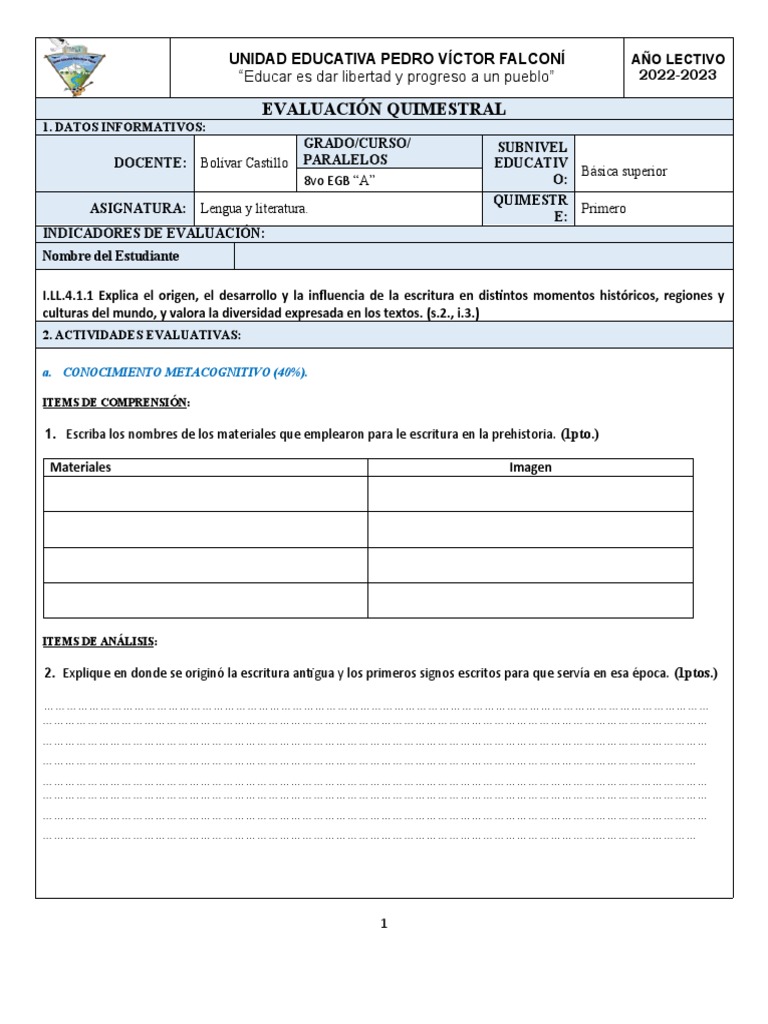 Evaluación Del Segundo Quimestre | PDF