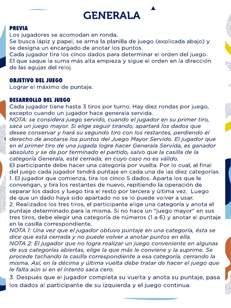 Instrucciones Generala Bentejuego | PDF