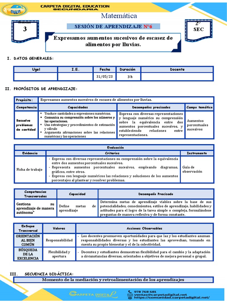 2° SESIÓN DE APRENDIZAJE SESIÓN6-SEM.3-EXP.3-Matemática | PDF | Aprendizaje | Evaluación