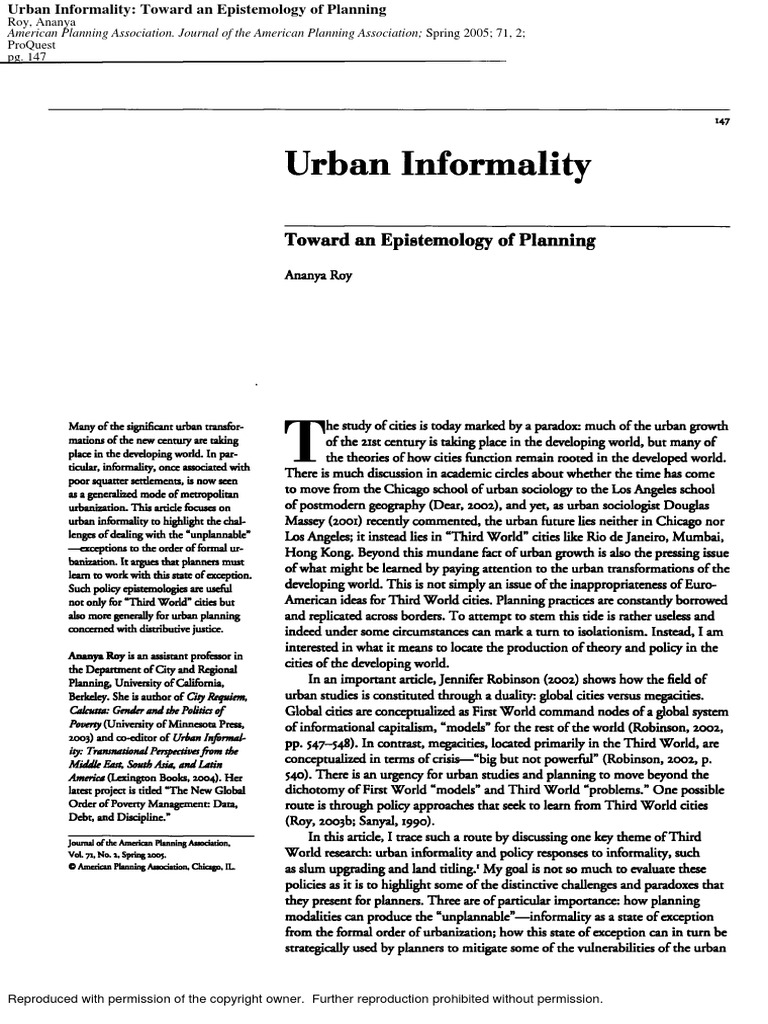 Urban Informality Toward An Epistemology of Planning | PDF