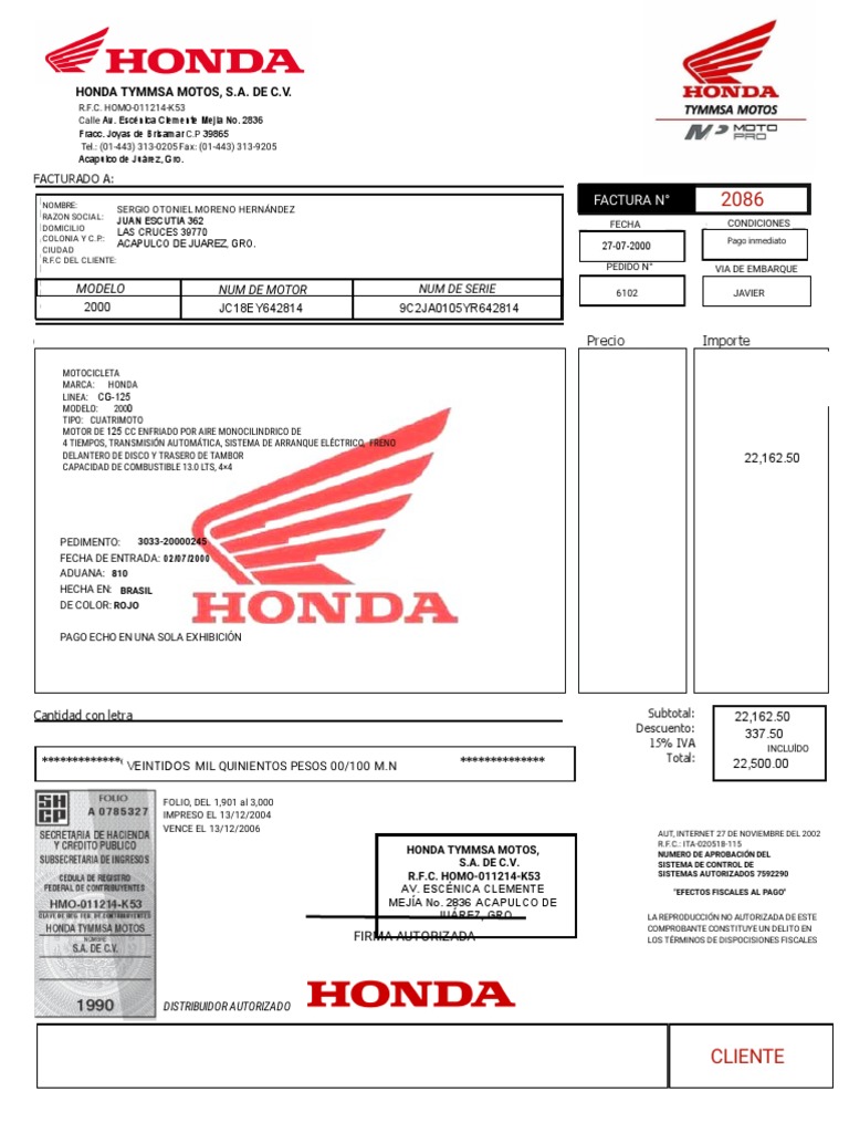 Formato de Factura para Motos Honda | PDF | Vehículos terrestres ...
