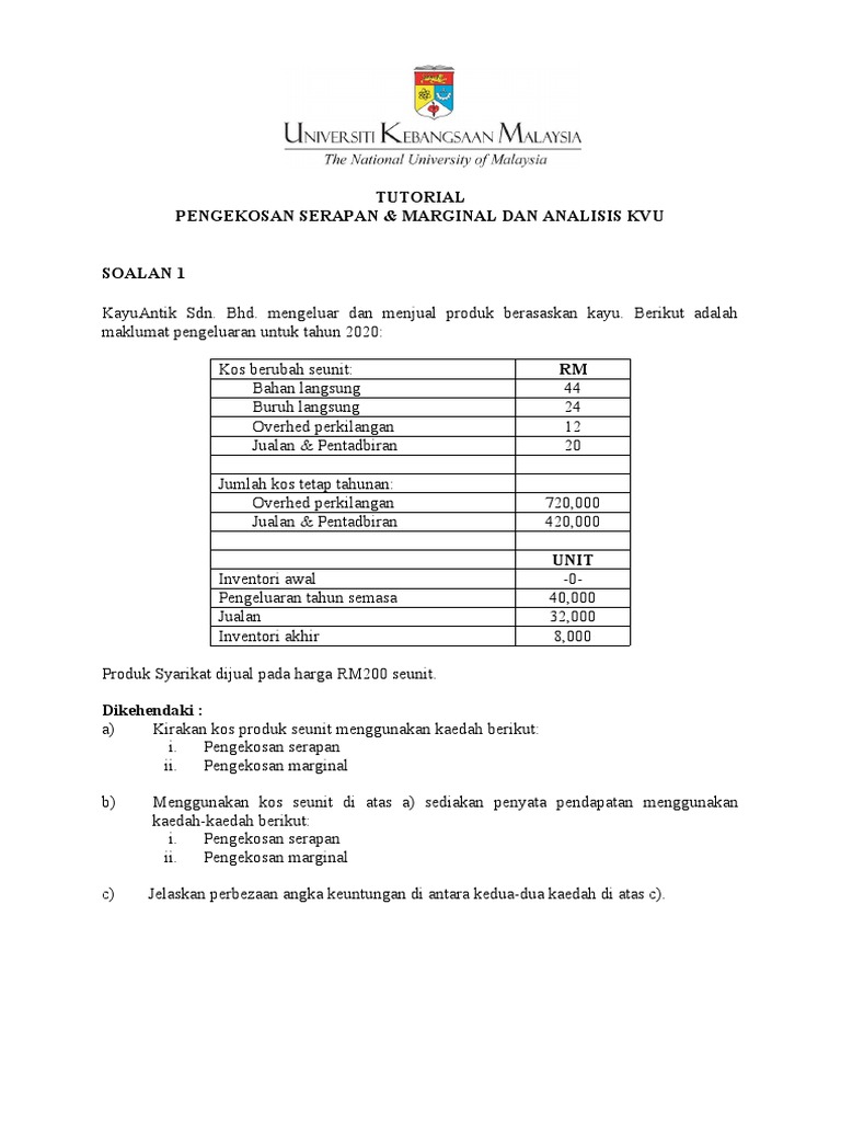 Tutorial 5 - Serapan, Marginal & CVP - Q | PDF