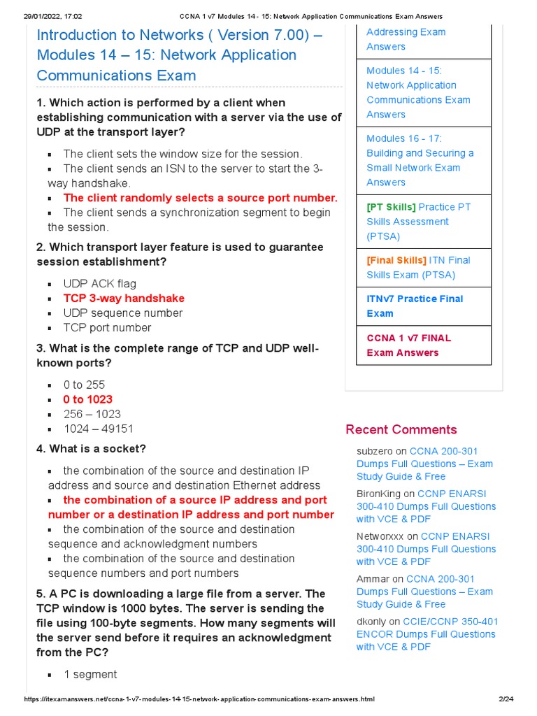 CCNA 1 v7 Modules 14 - 15 - Network Application Communications Exam Answers | PDF | Transmission ...