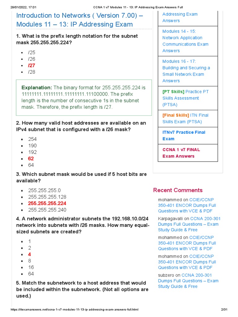 CCNA 1 v7 IP Addressing Exam Answers | PDF | Ip Address | I Pv6