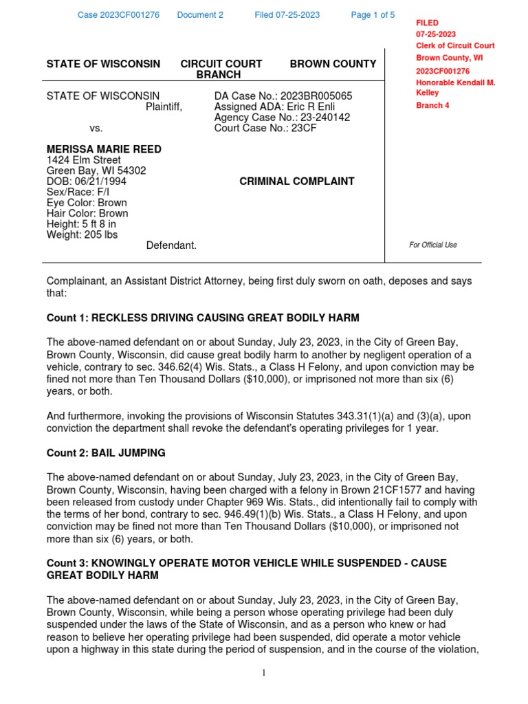 Merissa Reed Criminal Complaint | PDF | Injury | Wisconsin Circuit Courts