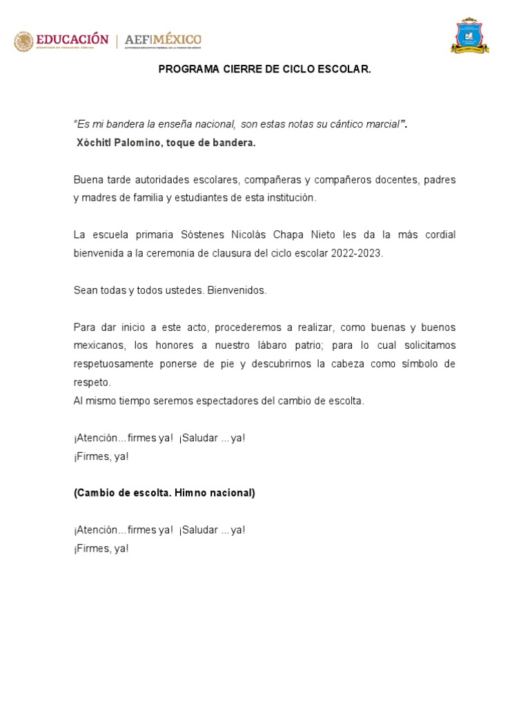 Programa Cierre de Ciclo Escolar 2022-2023 | PDF
