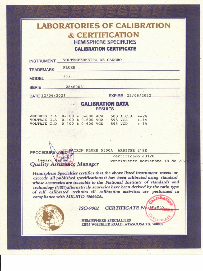 Certificado de Calibracion Amperimetro | PDF