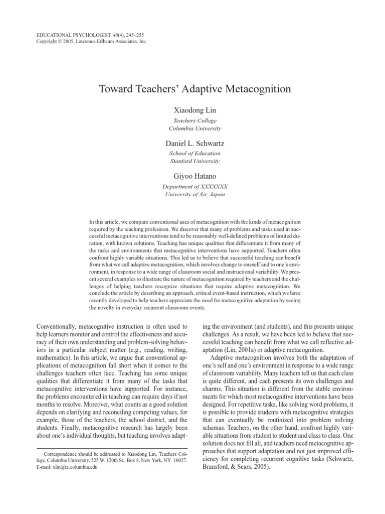 Teacher Metacognition Pdf Metacognition Learning