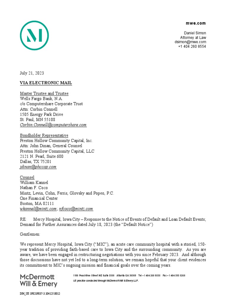 Mercy Iowa City Response To Bond Default PDF Bankruptcy Indenture