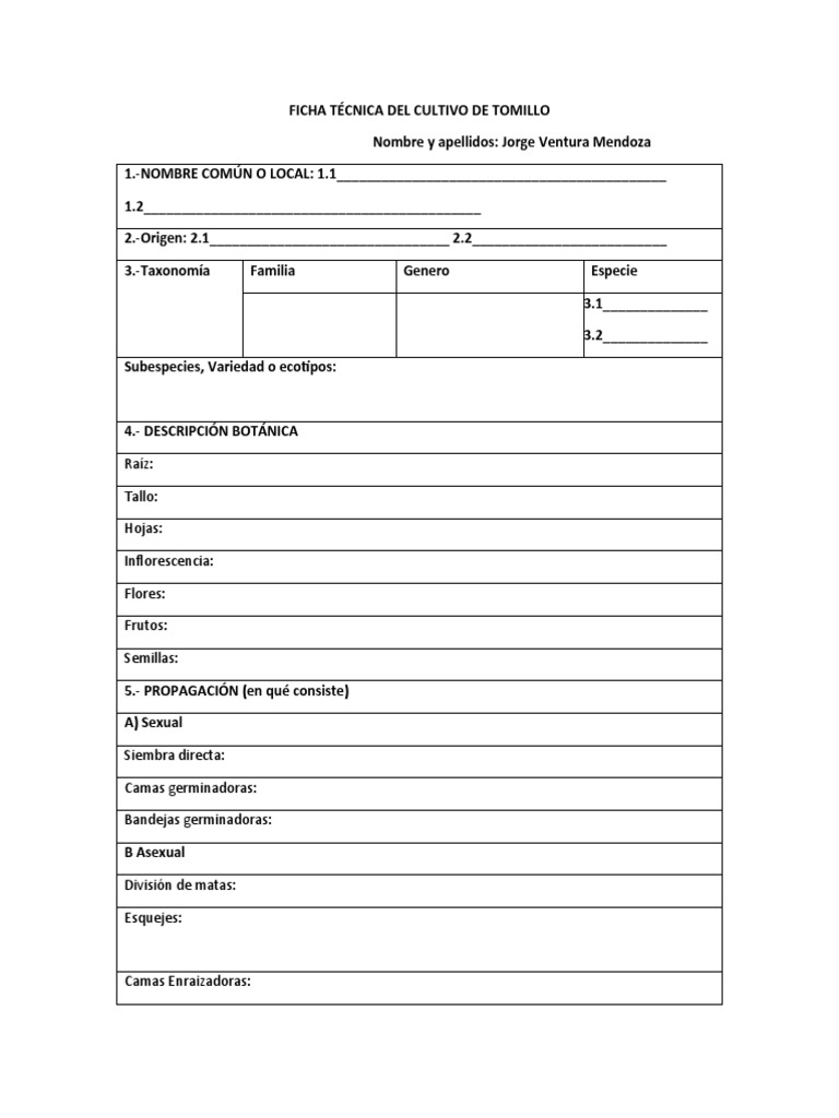 Ficha Tecnica TOMILLO | PDF