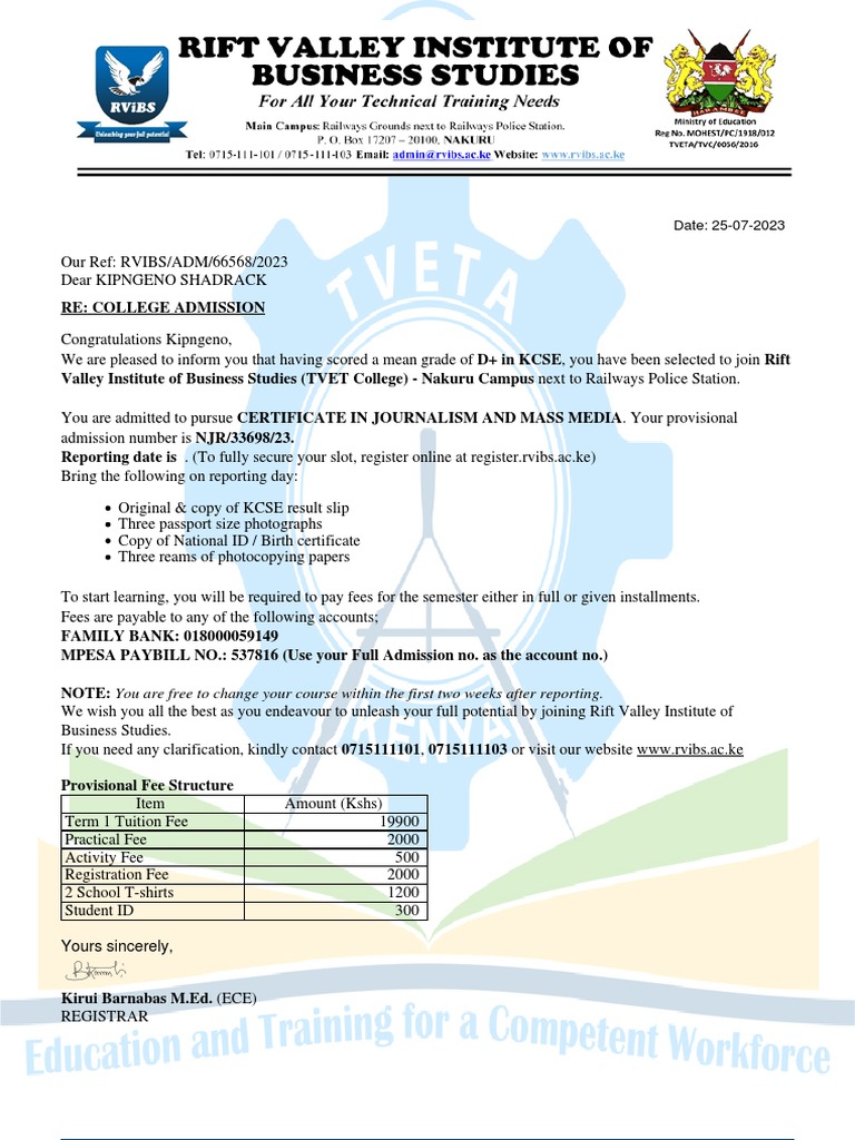 RVIBS Admission Confirmation & Fees | PDF | Government