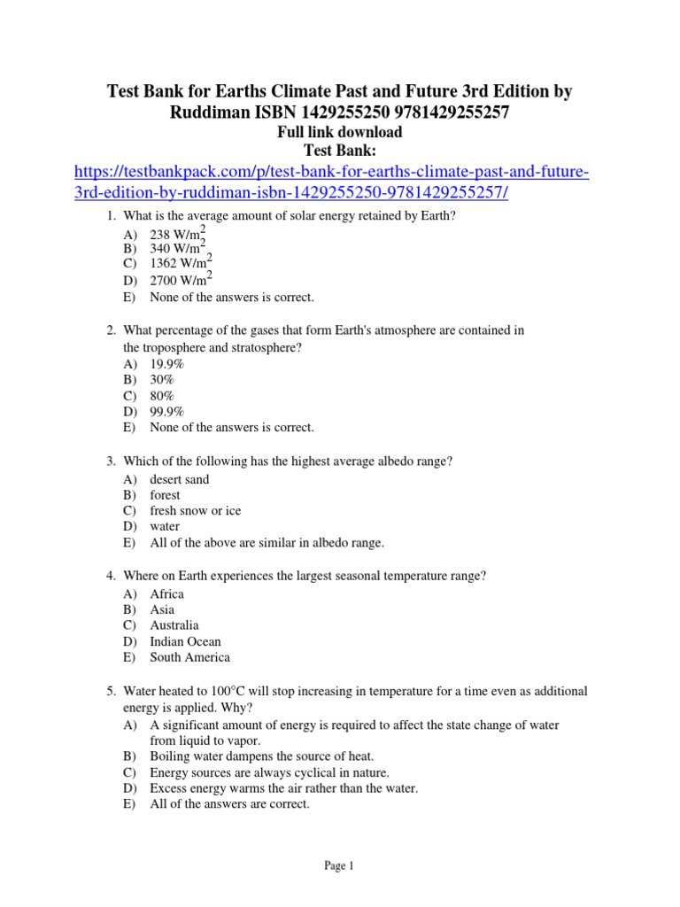 Earths Climate Past and Future 3rd Edition by Ruddiman ISBN Test Bank ...
