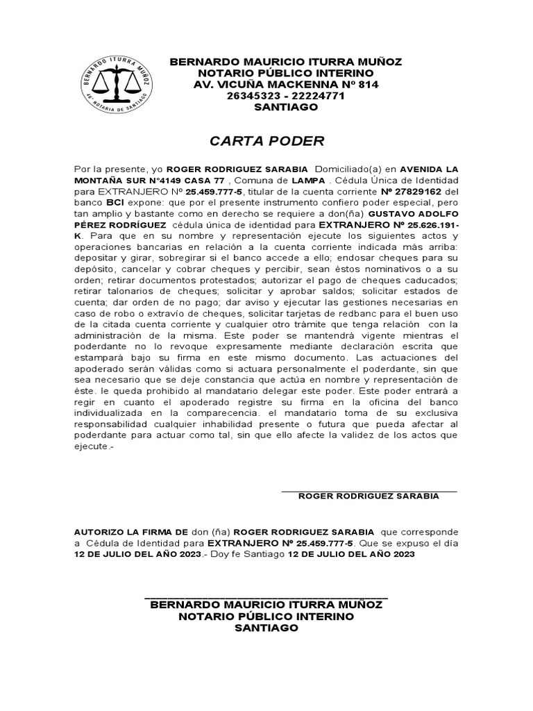 Poder Bancario Roger Rodriguez Sarabia 10 de Julio | PDF | Cheque | Bancos