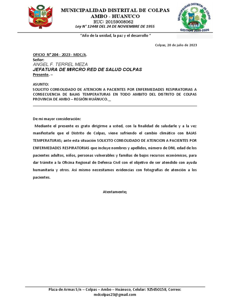 Solicitud de Atención por Enfermedades Respiratorias en Colpas | PDF