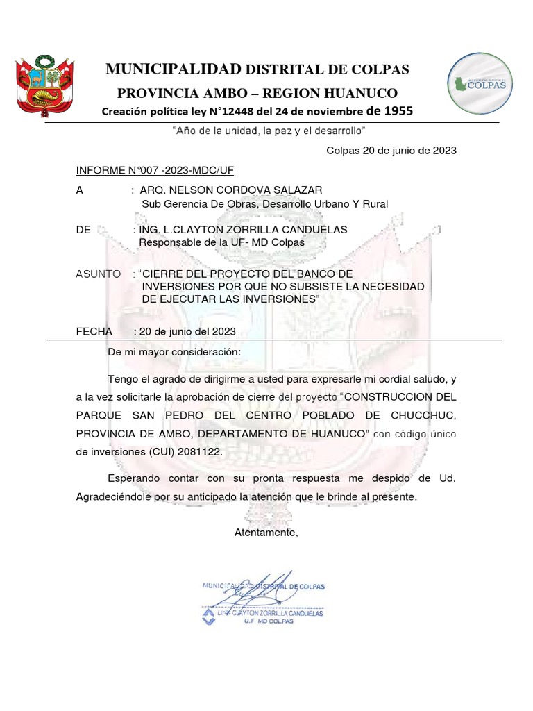 Oficio N°168-2023-Mdc-A.. | PDF