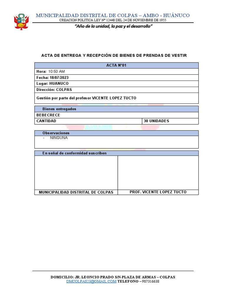 Acta de Entrega de Bienes en Colpas | PDF