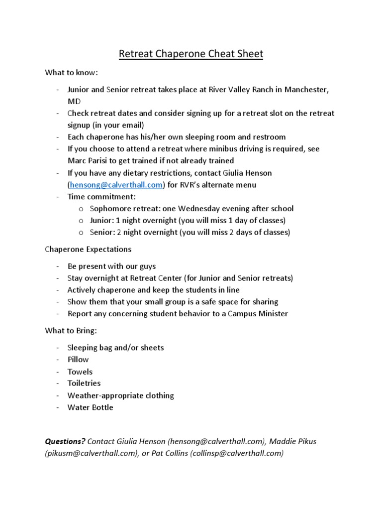 Retreat Chaperone Cheat Sheet | PDF