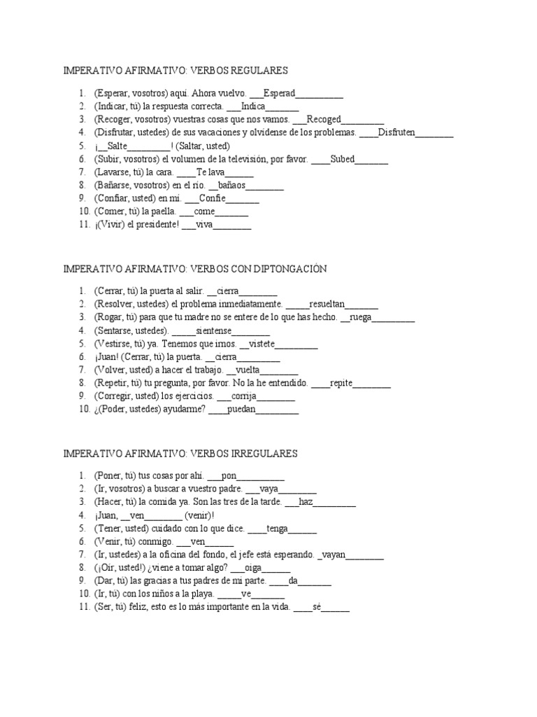 Ejercicios Imperativo - Uradjeno | PDF | Hogar, jardinería y bricolaje ...