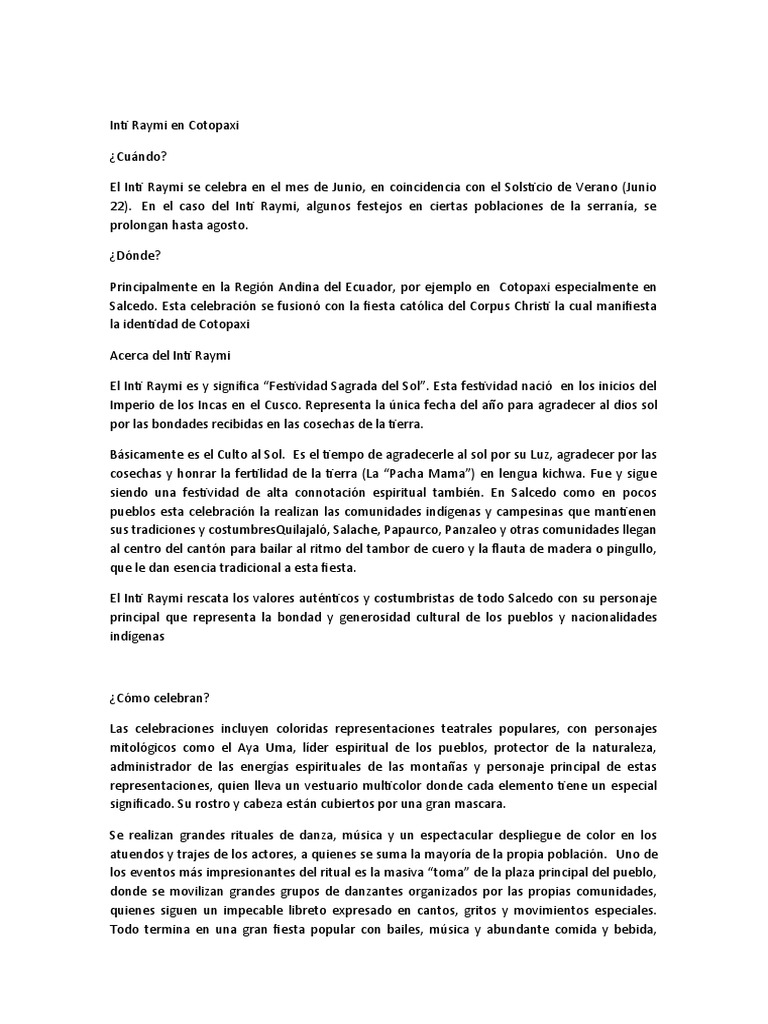 Inti Raymi en Cotopaxi | PDF | Bailes