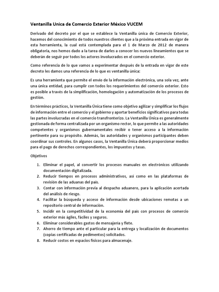 Ventanilla Unica de Comercio Exterior México VUCEM PDF | PDF | aduana | El comercio internacional