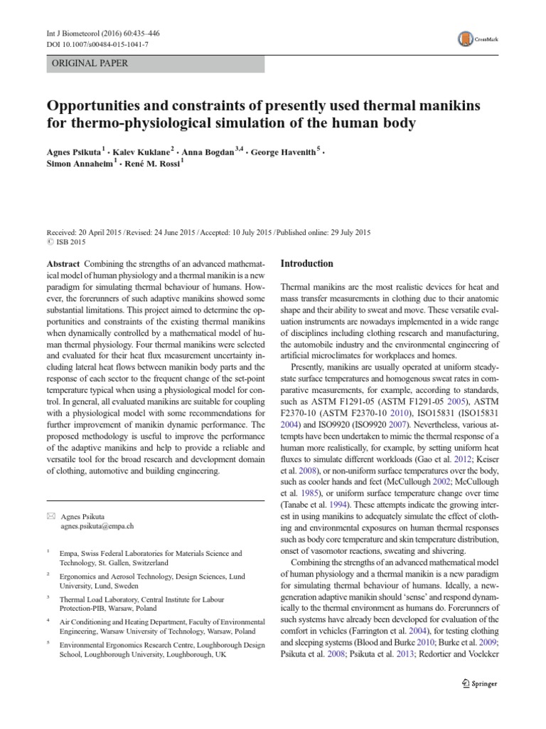 Opportunities and Constraints of Presently Used Thermal Manikins | PDF | Heat Transfer | Heat