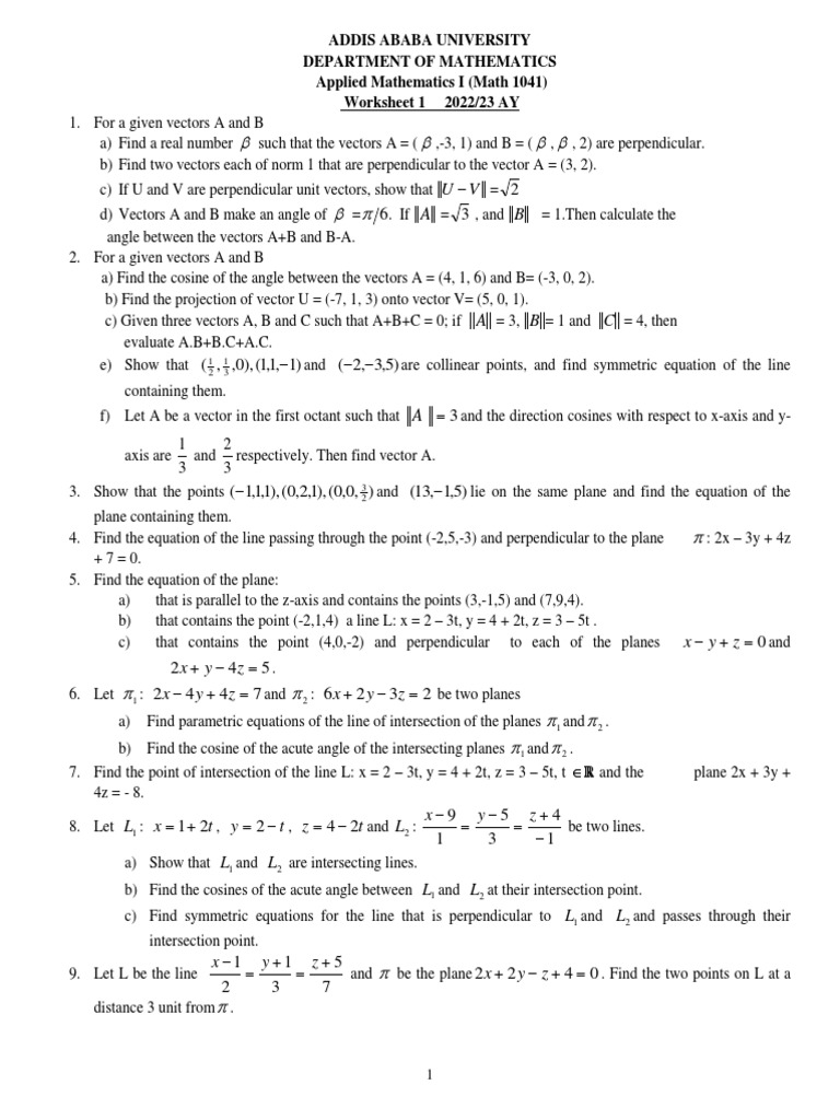 Applied Mathematics I (Math 1041) Worksheet I | PDF | Linear Subspace | Abstract Algebra