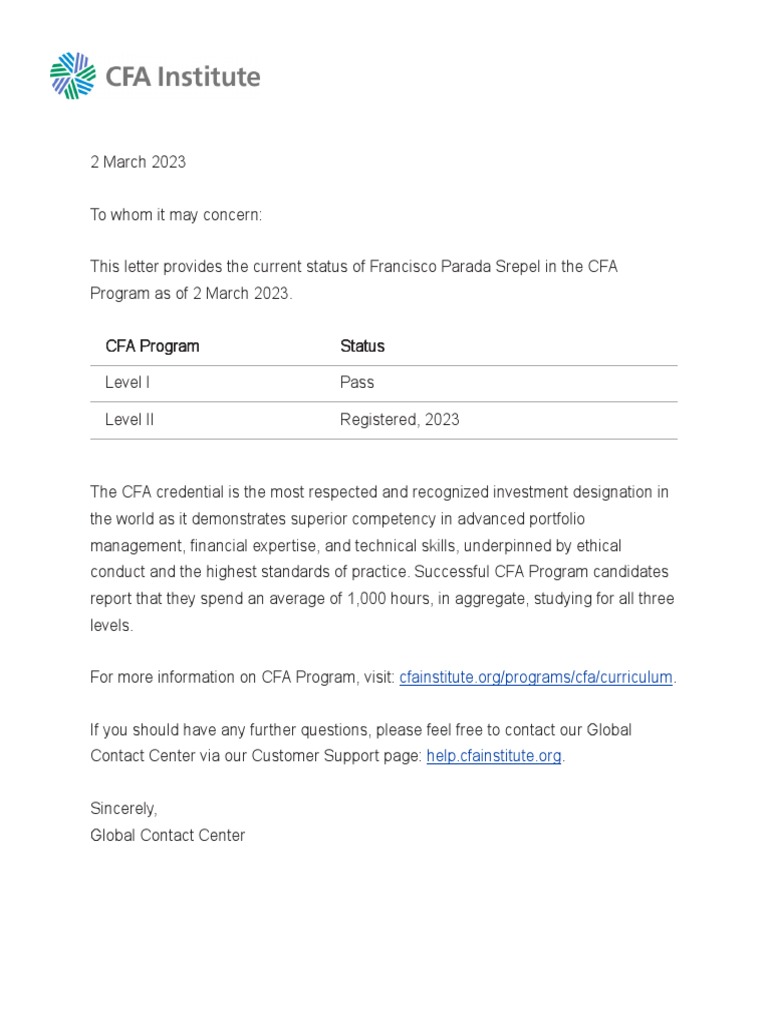CFA Program Verification Letter | PDF