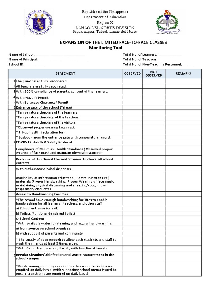 Expansion f2f Monitoring Tool | PDF | Hand Washing | Toilet